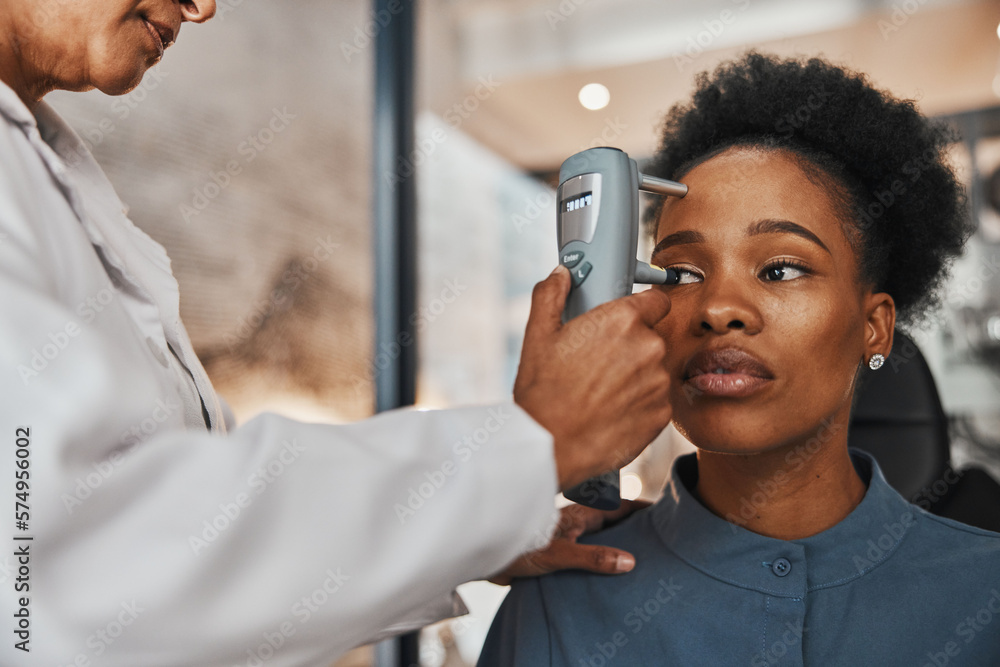 Face, eye exam or black woman consulting doctor for eyesight at ...