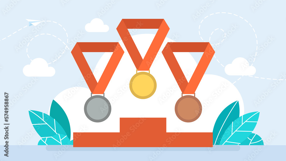 Set of gold, silver and bronze medals. Sports competition first, second ...