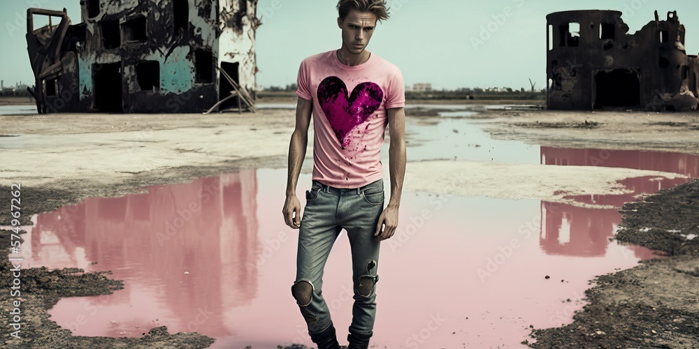 A man, a worker in a pastel pink work suit poses on the ruins, stands ...
