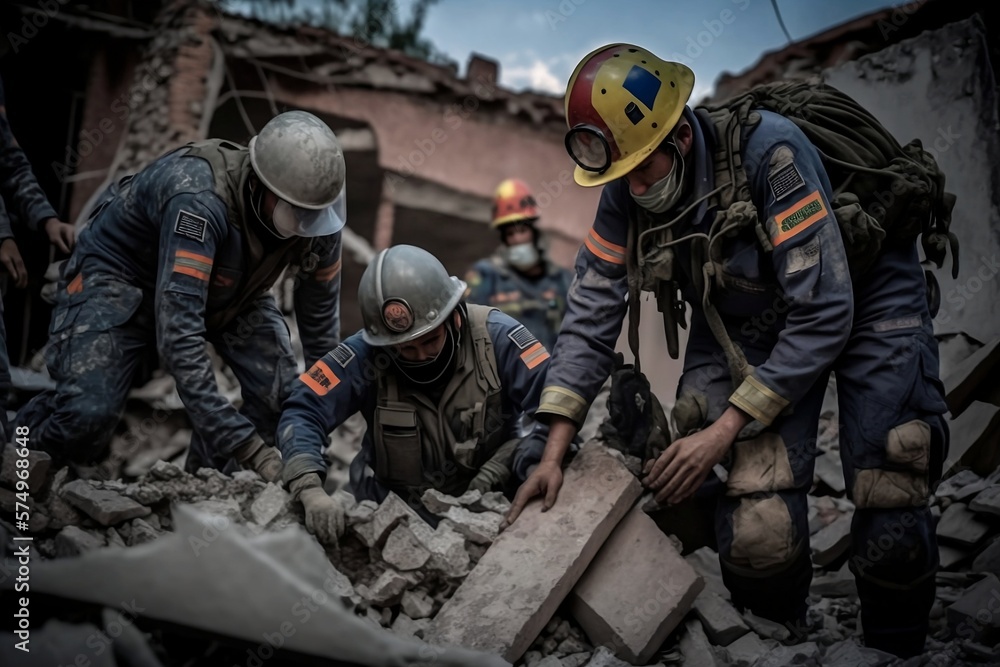 Rescuers in uniform and helmets dismantle the rubble of houses after ...