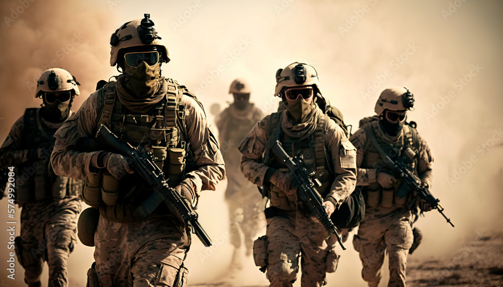 Group of Soldiers Running through a desert, Military Tactical Special ...