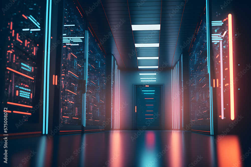 Server racks in computer network security server room data center. Neural network AI generated ...