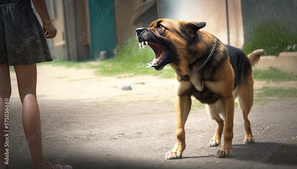 Big terrible stray dog barking and growls on little girl walking street ...