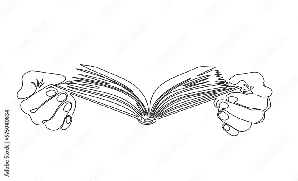 Continuous one line drawing of a hands holding open book flying pages ...