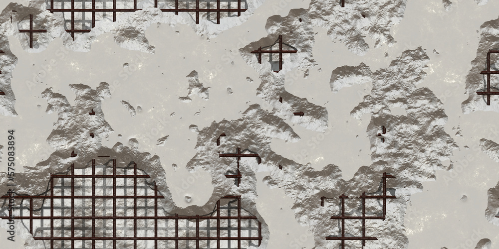 Seamless broken stone wall with rust fittings background. Damaged ...