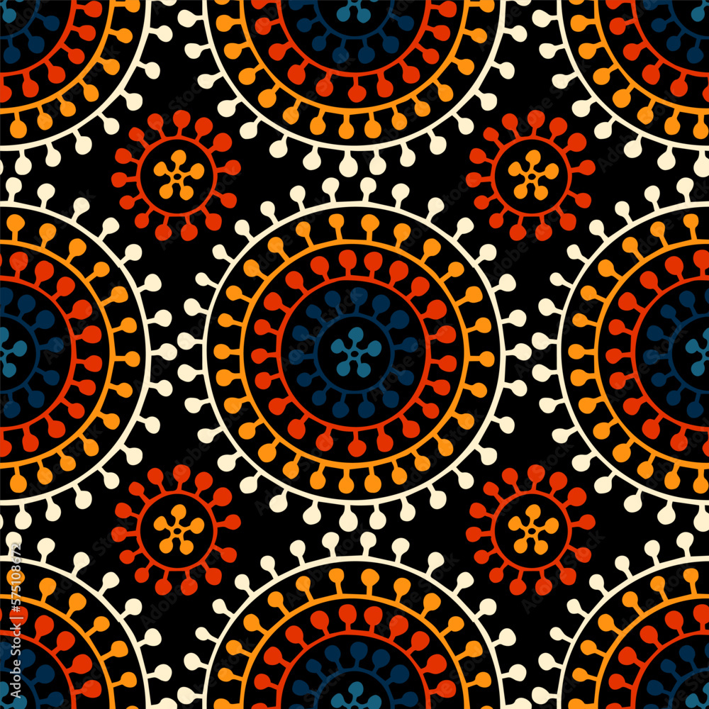 Seamless african shweshwe pattern. Blue, white, black and orange print ...