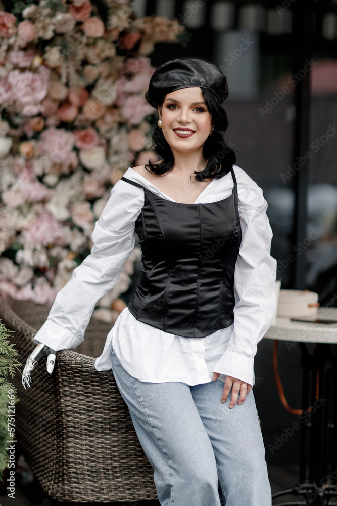 Beauty disabled french styled Woman with bionic prosthetic arm ...