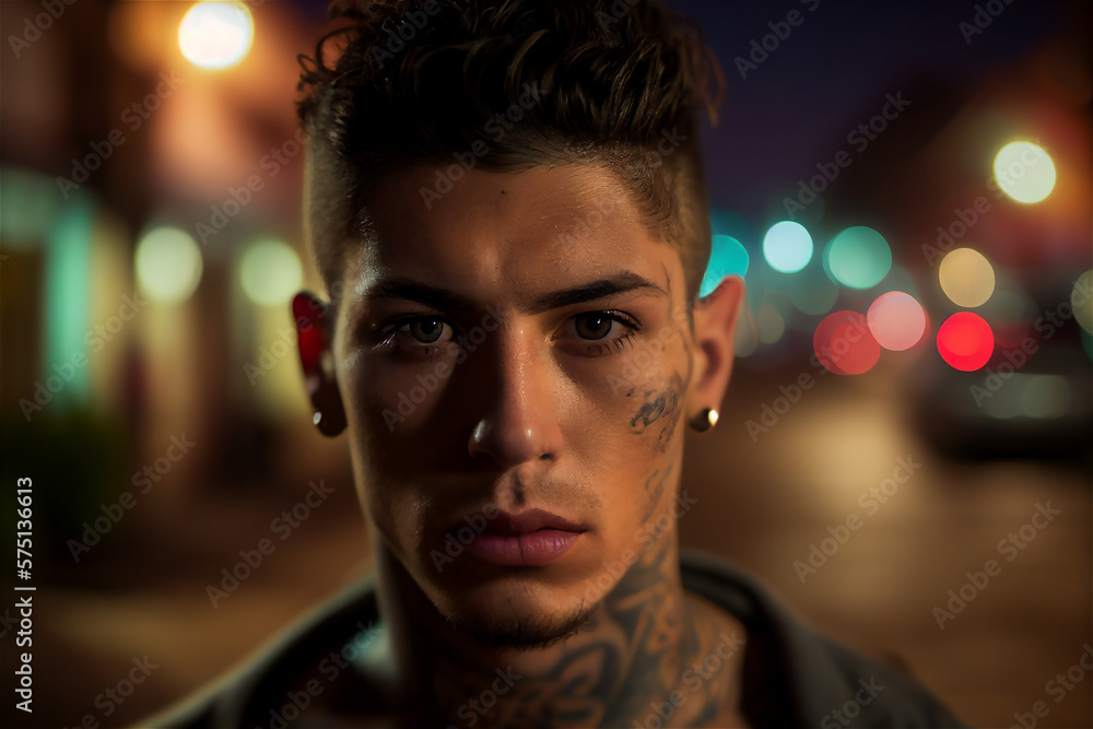 Member of youth gang portrait in the street city night lights, young ...