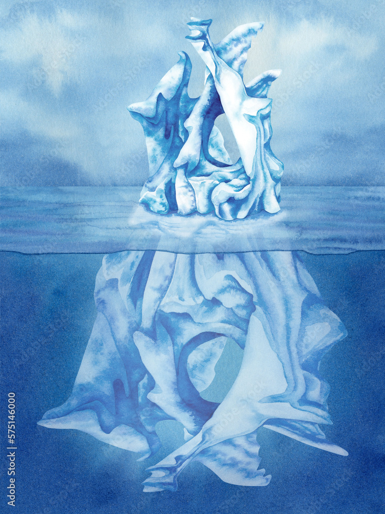 Watercolor hand drawn abstract seascape with iceberg with its ...