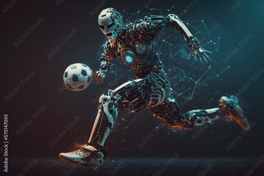 Artificial intelligence dressed in a soccer uniform playing football or ...