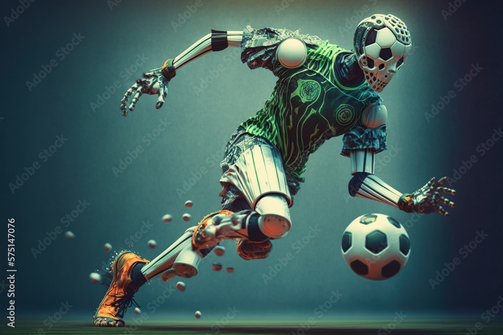 Artificial intelligence dressed in a soccer uniform playing football or ...