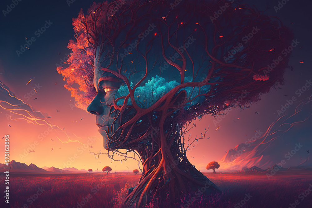 Fantasy mystical and divine sentient yggrasil tree in shape of a human ...