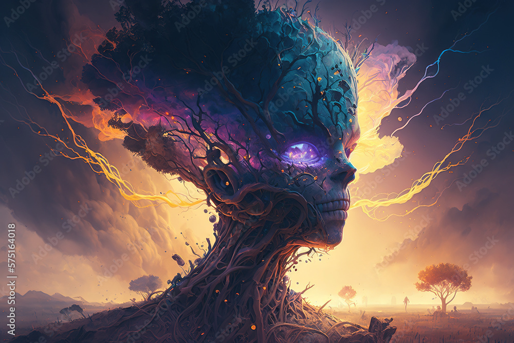 Fantasy mystical and sentient yggrasil tree in shape of a human head ...