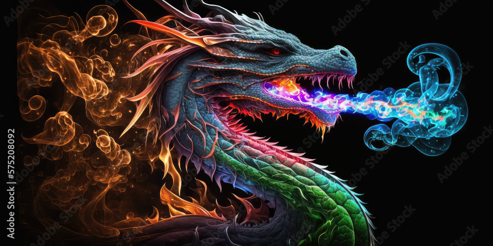 RGB dragon breathing fire. Mythology creature. Dark fantasy ...
