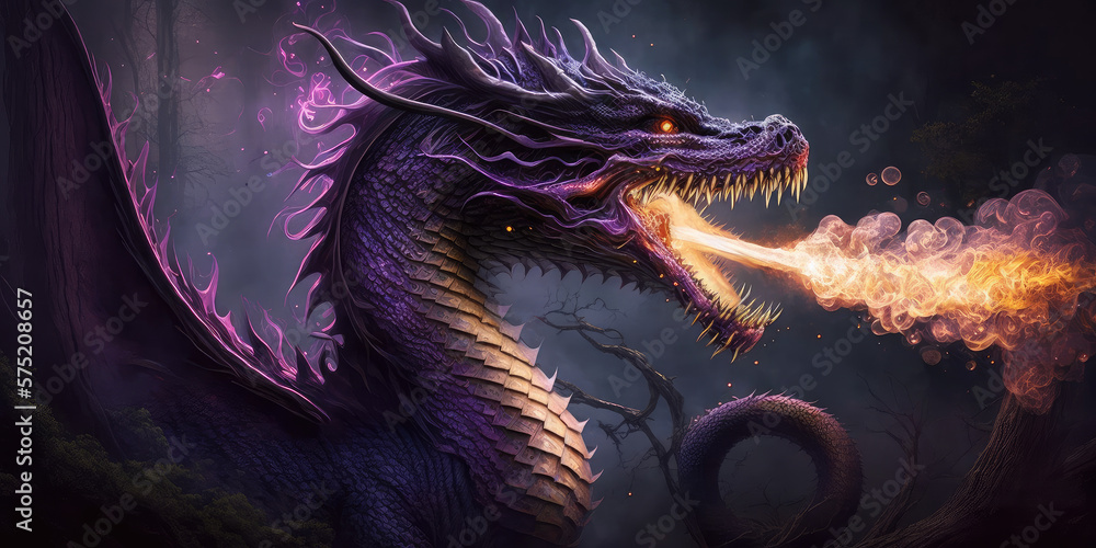 Purple dragon breathing fire. Mythology creature. Dark fantasy ...