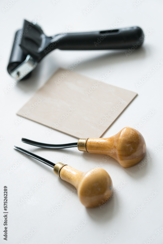 Llinocut craft tools and materials tools. Chisels and linocut Stock ...