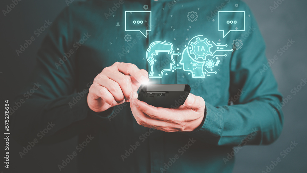 ChatGPT Chat with AI, Artificial Intelligence. Adult man chatting with ...