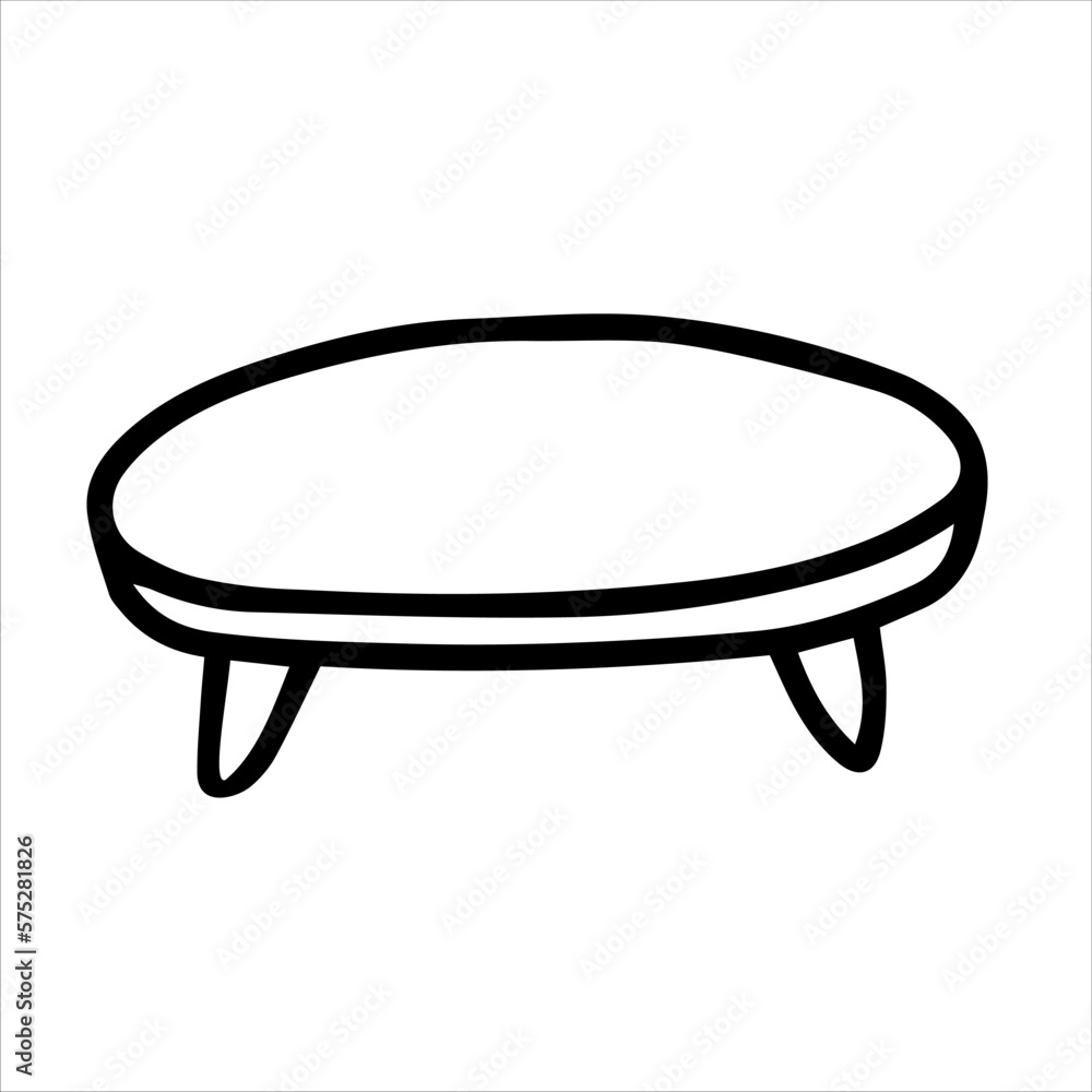 Round low bedside table. Breakfast furniture in bed. Vector hand-drawn ...