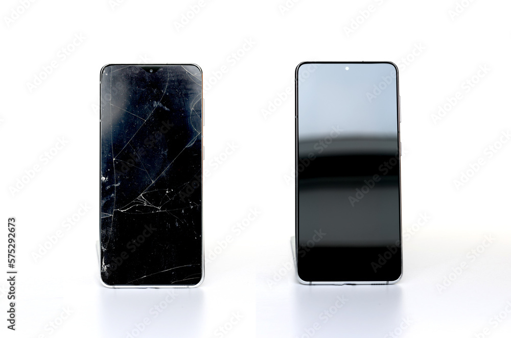 Before and after repaired Mobile smartphone with broken screen on white ...