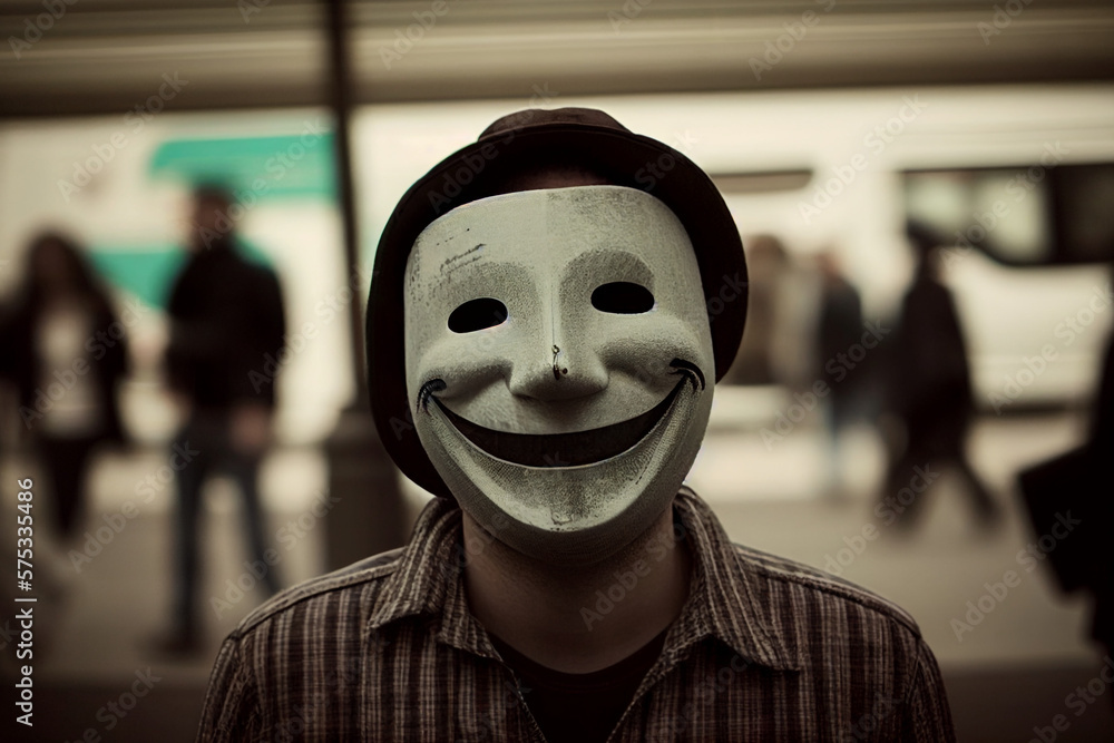 Man wearing a smiling face mask to hide his feelings behind the mask ...