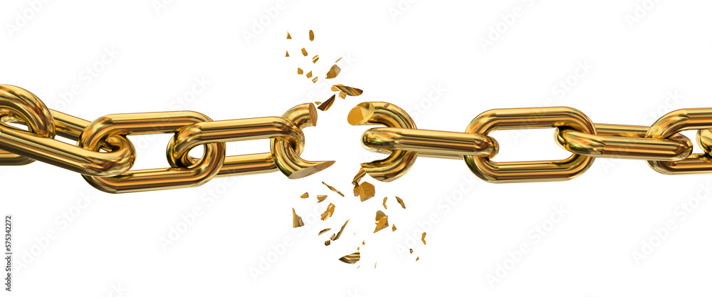 gold golden chain breaking horizontal isolated in white background - 3d ...