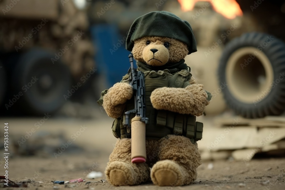 Teddy bear toy dressed in military uniform holds weapon, AI generated ...
