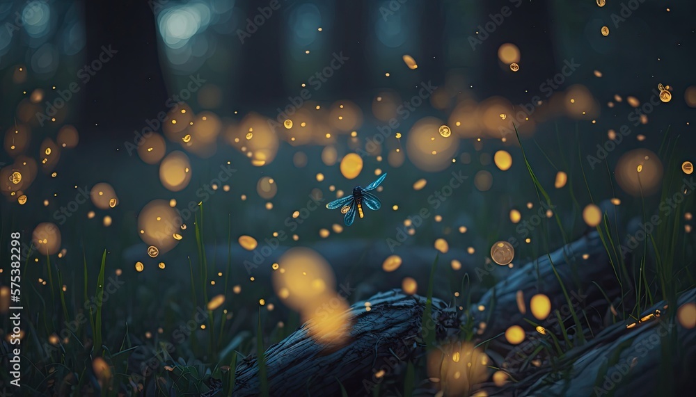 Magical firefly field at night. Lightning bugs in an enchanted landscape. Abstract glowing ...