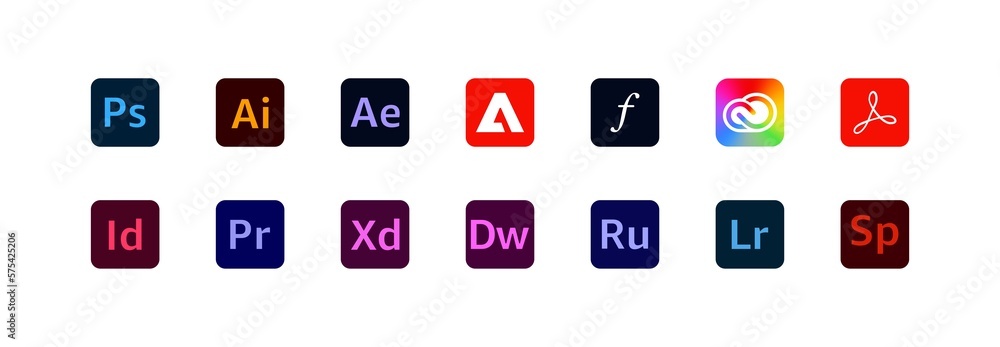 Adobe products logo. Photoshop, Illustrator, Lightroom, InDesign etc ...