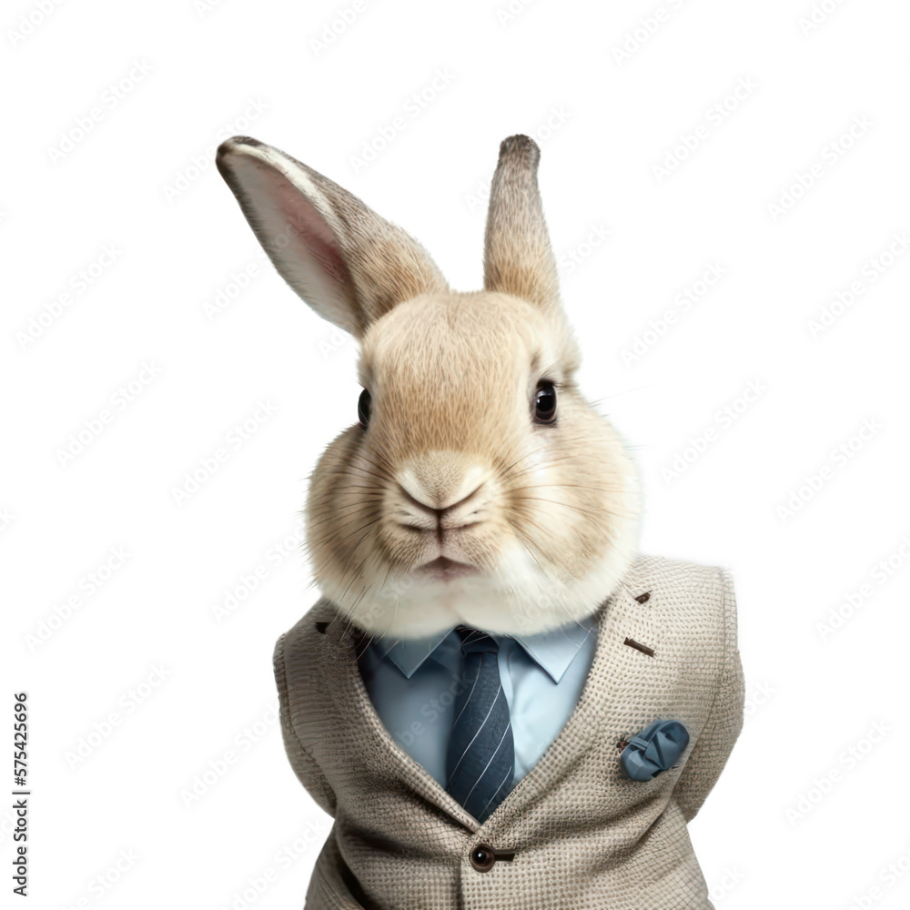 Portrait of a rabbit dressed in a formal business suit on white ...