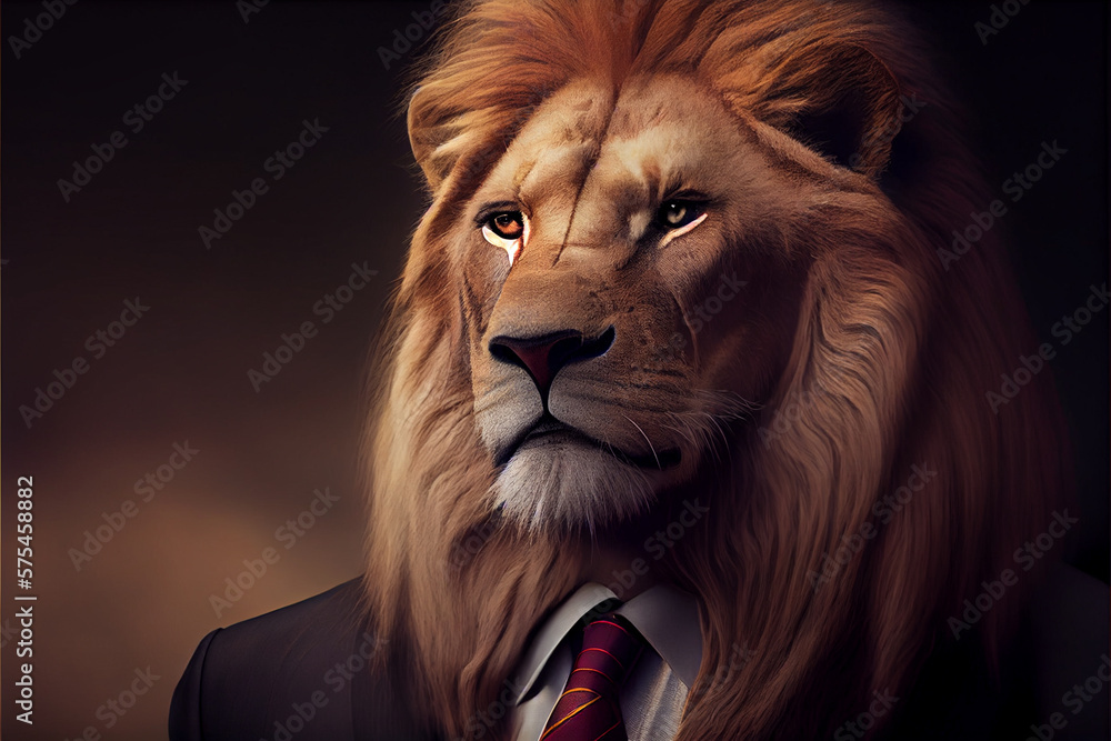 Portrait of lion dressed in formal business suit with tie and jacket ...
