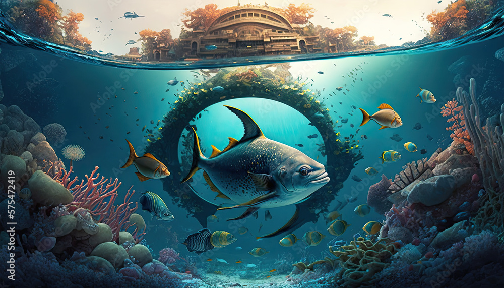An underwater world teeming with colorful schools of fish, vibrant ...