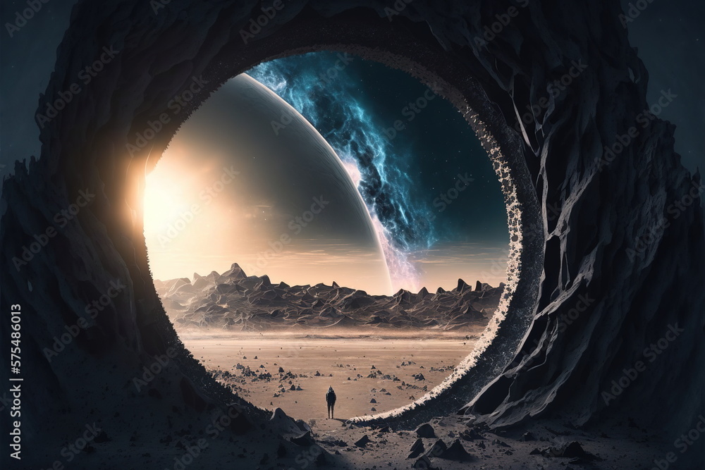 Spaceman travel through the space with mysterious sci-fi fantasy portal ...