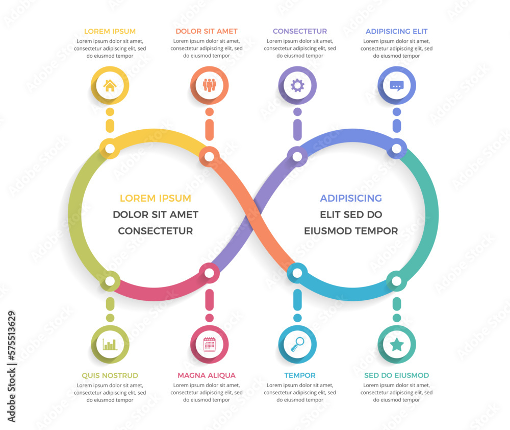 Infographic template with infinity symbol and eight elements for your icons and text, devops ...