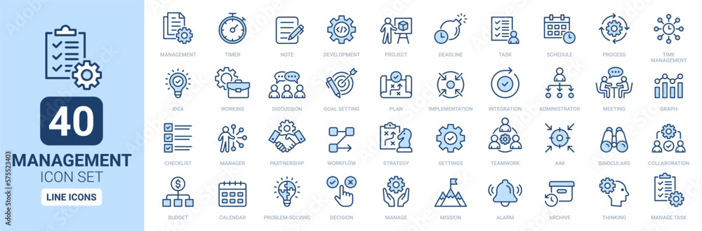 Management icon set. Containing time development, task, deadline, plan ...