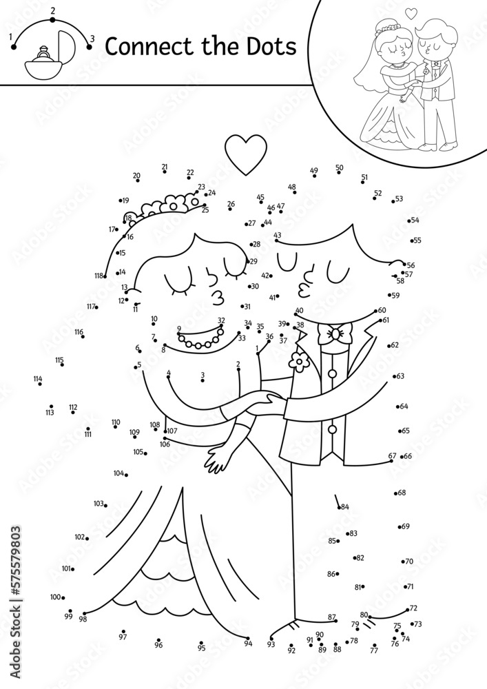 Vector dot-to-dot and color activity with cute kissing just married ...
