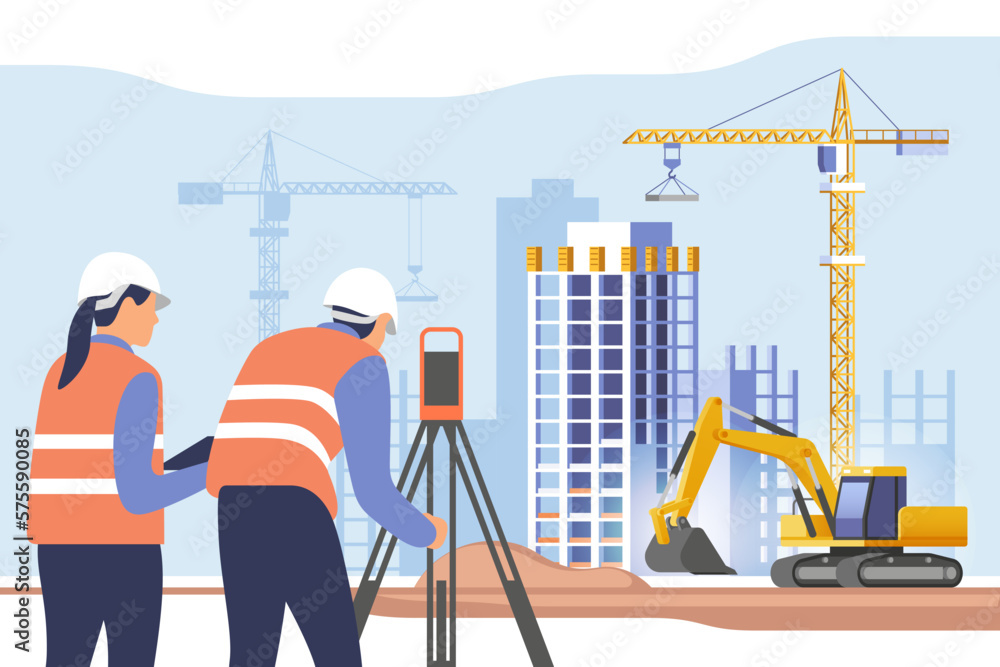 Construction site. Building work process with houses and construction ...