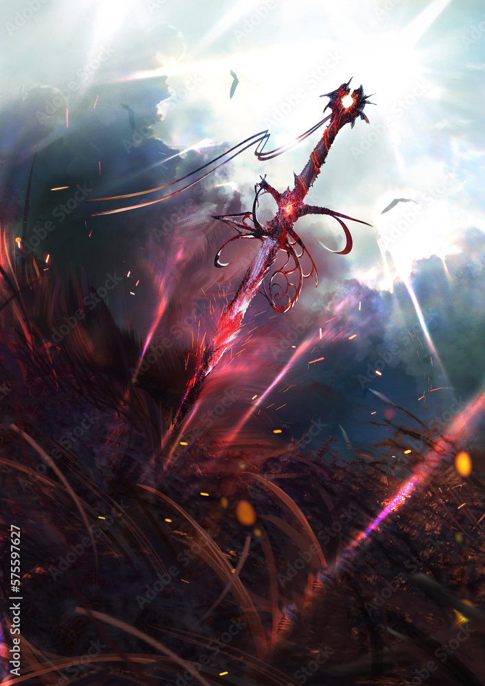 A beautiful magic demonic sword pierces the ground on the battlefield ...