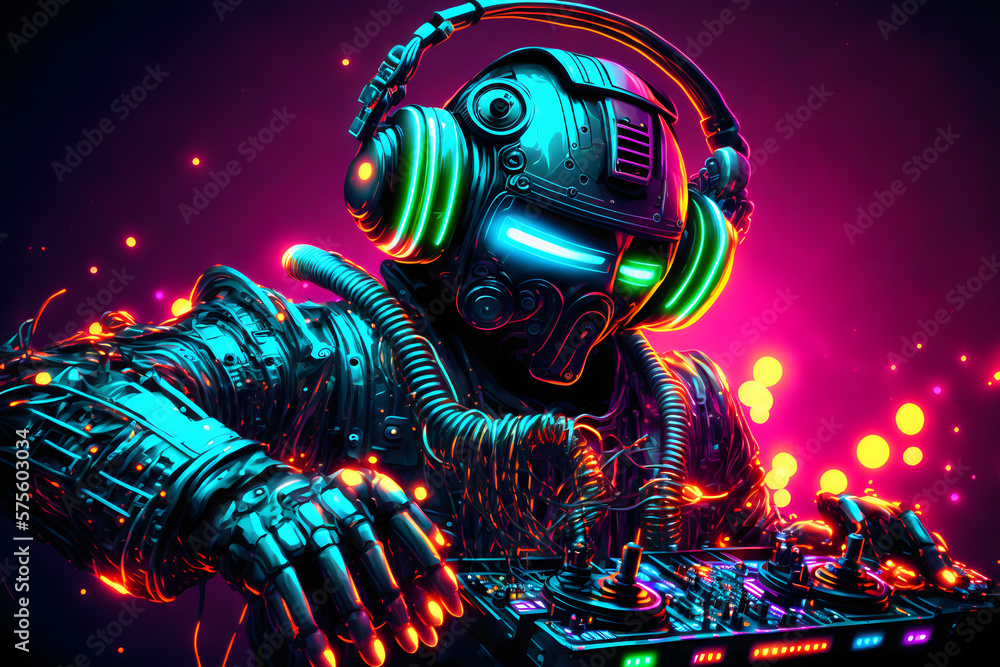 Robot disc jockey at the dj mixer and turntable plays nightclub during ...