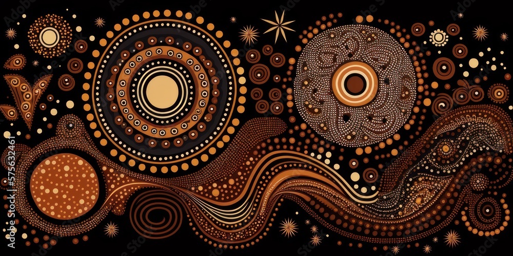Abstract theme of Australian Aboriginal art. Represent style and dot painting techniques. AI ...