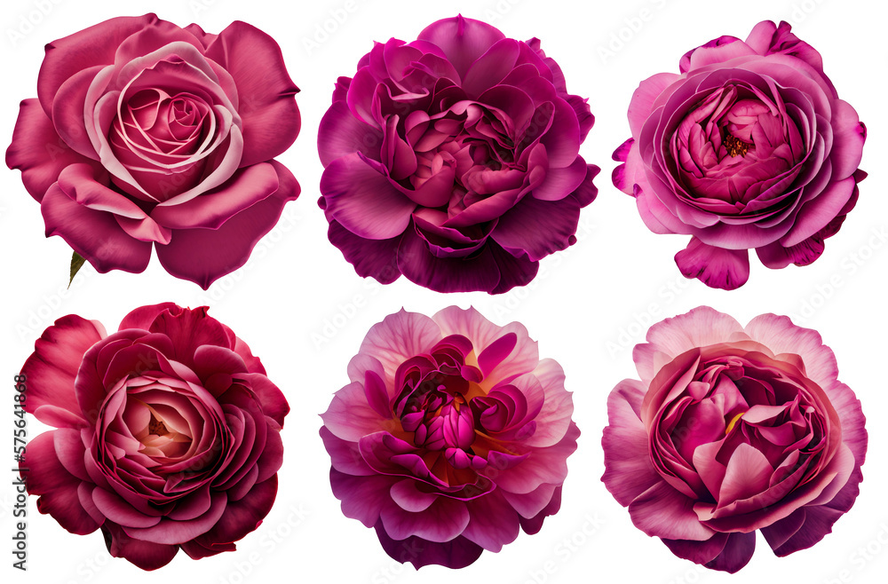 Assorted pink roses on transparent PNG background. Flatlay top view of ...