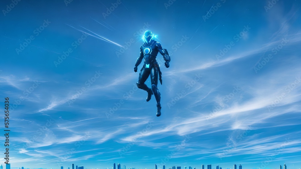 futuristic sci-fi human wearing robot suit flying above future city ...