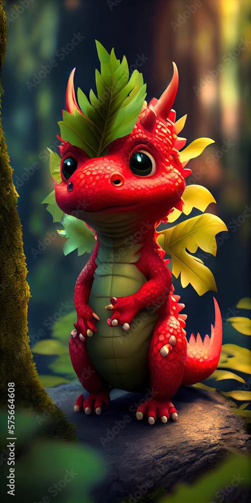 Adorable red dragon - kawaii and cute with red scales in a magical ...