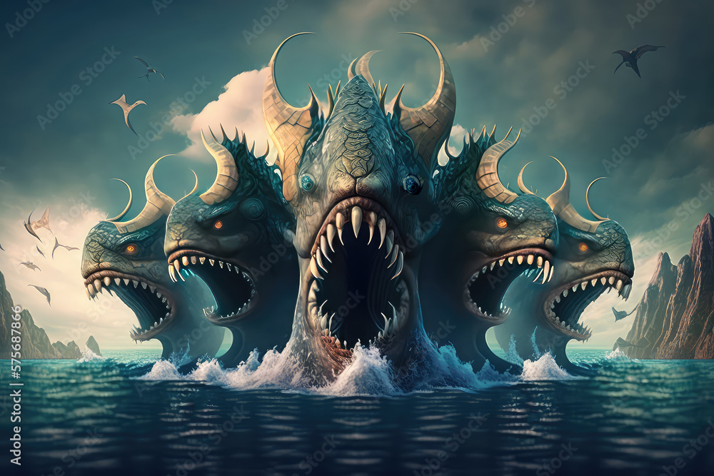 five head sea monster fantasy 3D illustration digital art landscape ...
