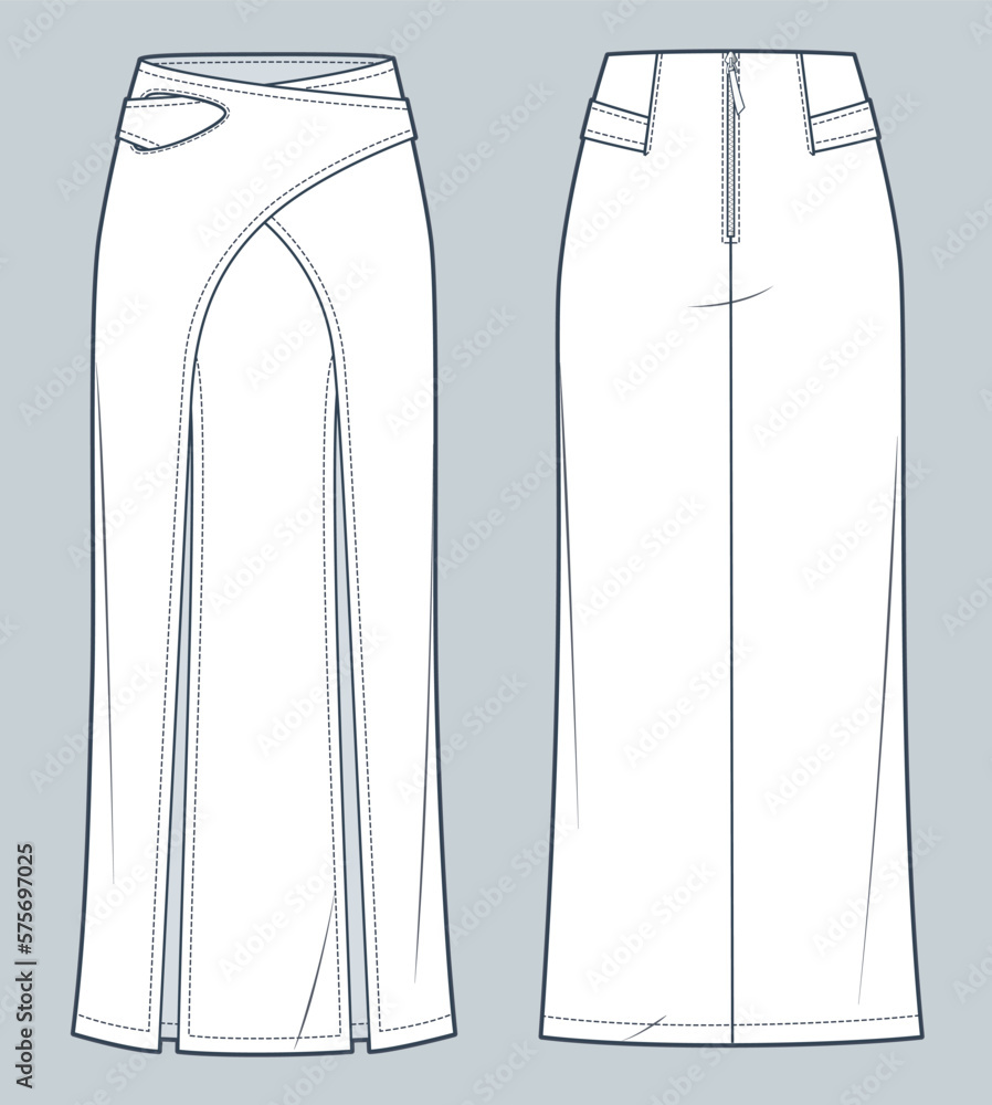 Wrap maxi Skirt technical fashion illustration. Denim Skirt fashion ...