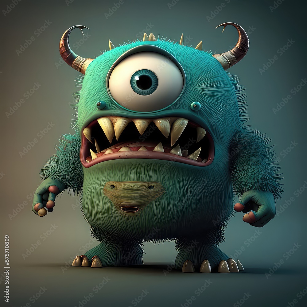 Little creepy blue monster with two horns, cartoon style on a blue ...