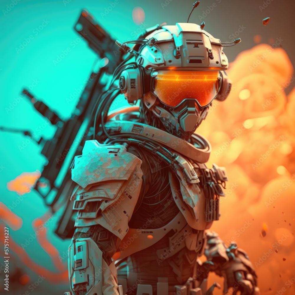 futuristic mech soldier in a war-torn battlefield, armed with a laser ...