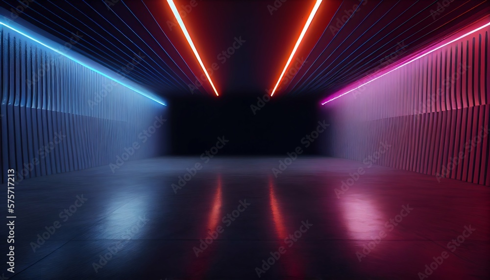 Neon light garage 3d on dark background. Neon dark room, future empty ...
