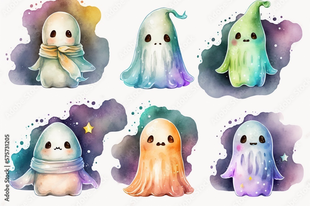 Watercolor Style Illustration of Halloween Ghosts. Bundle / Set / Pack ...