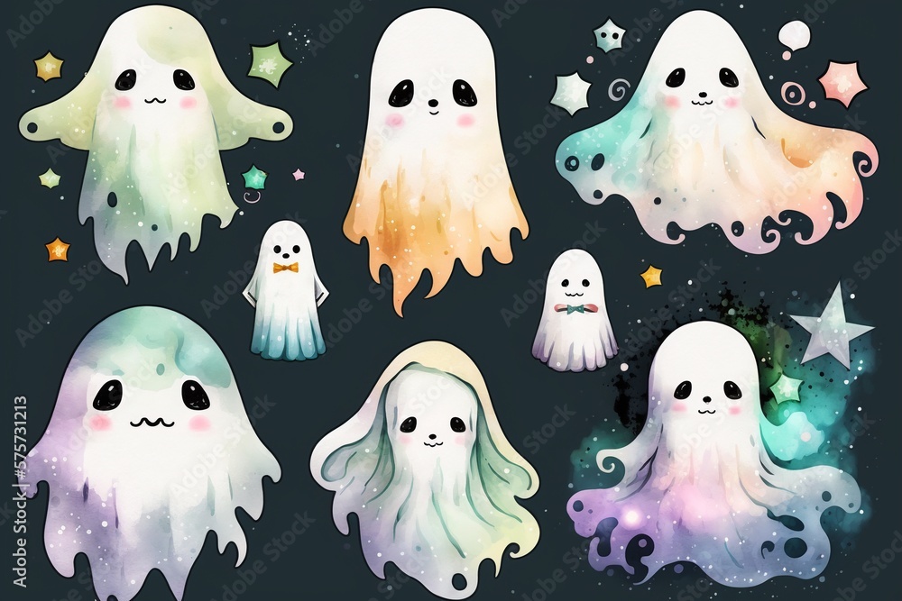 Watercolor Style Illustration of Halloween Ghosts. Bundle / Set / Pack ...