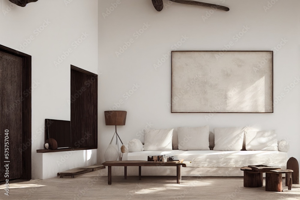 White Limewash Spanish Tulum Style Living Room Interior with ...